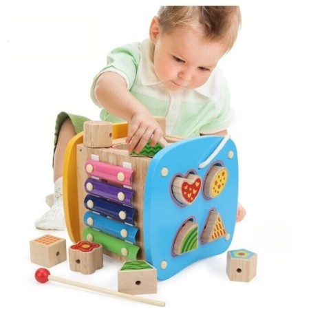 Wooden Activity Cube Xylophone Rope Shape Sorting Kids Education ...