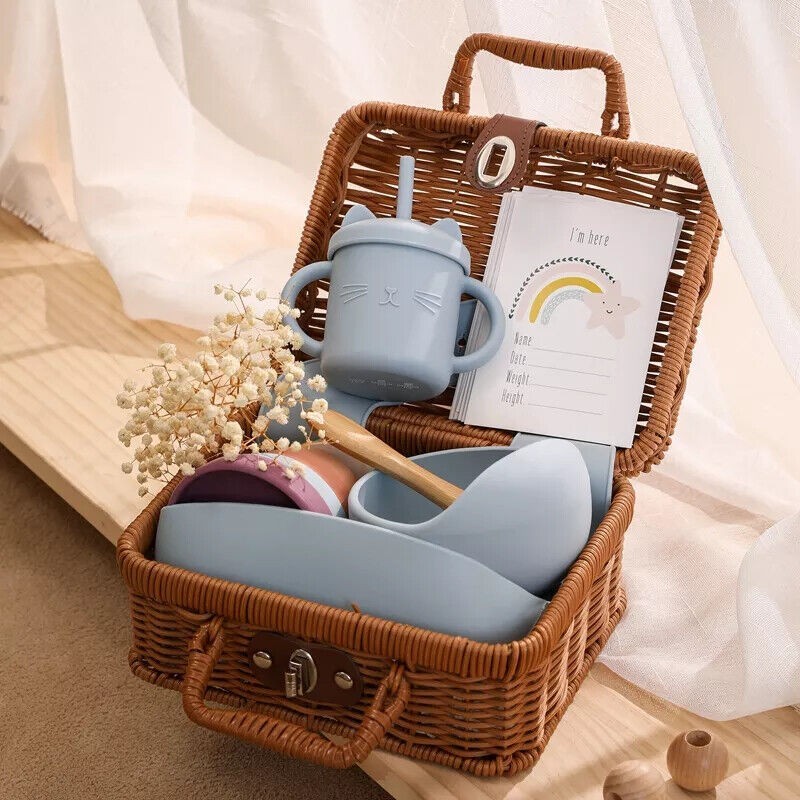 Newborn Baby Shower Feeding Gift Set Box Silicone Rattan Stacking Toy ...
