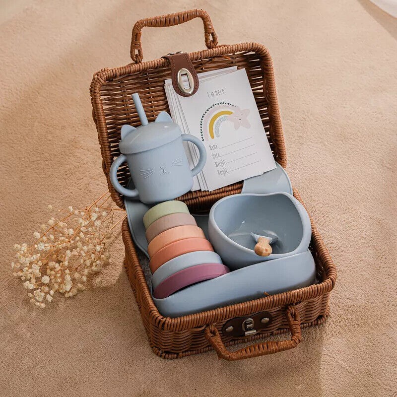 Newborn Baby Shower Feeding Gift Set Box Silicone Rattan Stacking Toy ...