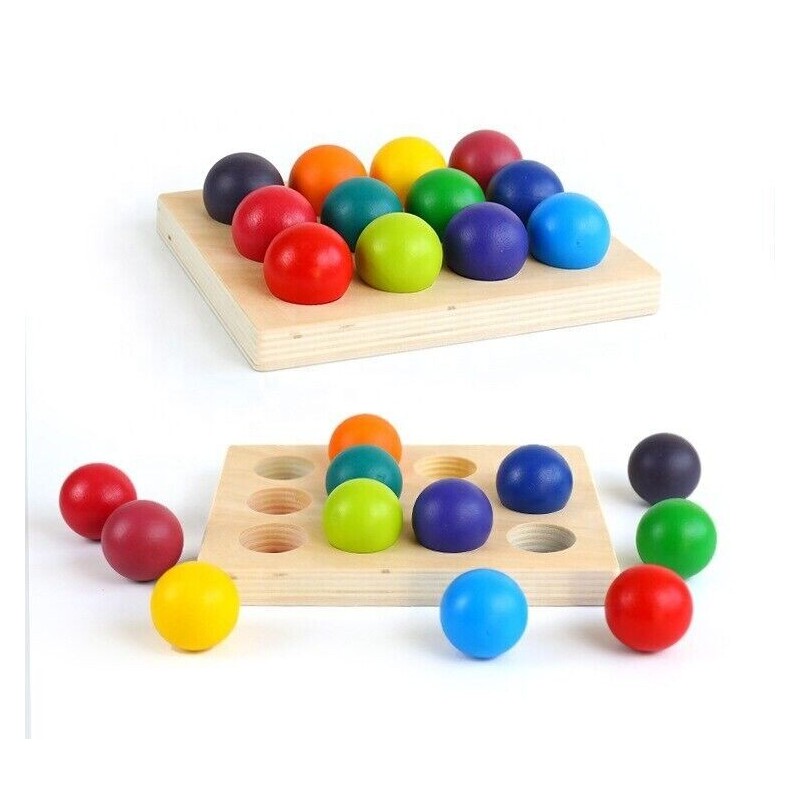 Wooden Colour Sorting Board with 12 Rainbow Balls Montessori Waldorf 3 ...